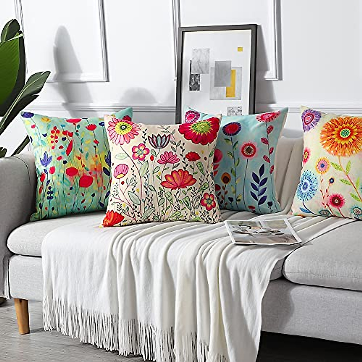 Artscope Set of 4 Decorative Throw Pillow Covers 18x18 Inches, Flowers Pattern Waterproof Cushion Covers, Perfect to Outdoor Patio Garden Living Room Sofa Farmhouse Decor