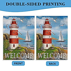 Covido Home Decorative Welcome Spring Summer Lighthouse Garden Flag, Coastal Seagull Birds Yard Beach Nautical Sailboat Outside Decoration, Ocean Outdoor Small Burlap Decor Double Sided 12 x 18