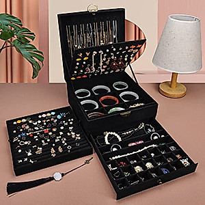 GYJOYERO Jewelry Organizer 5 Layers Velvet Square Jewelry Box Women Necklace Ear studs Display Bangles Large Jewelry Storage Case Drawer GY306 (Black)