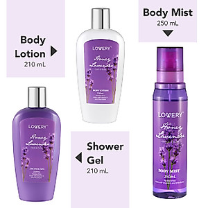 Bath and Body Gift Set for Women & Men, Honey Lavender Home Spa Set With Natural Extracts, Vitamin E, Shea Butter - Shower Gel, Body Lotion, Body Mist, Personal Self Care Kit, Body Care Travel Set