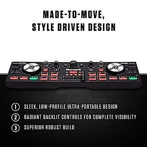 Numark DJ2GO2 Touch – Compact 2 Deck USB DJ Controller For Serato DJ with a Mixer / Crossfader, Audio Interface and Touch Capacitive Jog Wheels,Black