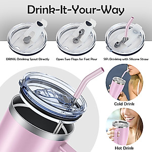 Hamino 30 oz Tumbler with Lid and Straw Handle, Double-Wall Vacuum Travel Coffee Mug with Handle, Stainless Steel Insulated Coffee Tumbler Mug Cup for Home Office Travel HOT COLD Drinks (Dream Pink)