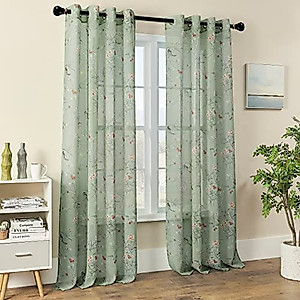 XTMYI Sage Green Curtains 84 Inch Length for Living Room 2 Panels Set Spring Design Printed Pattern Floral Bird Leaf Sheer Window Curtain Panels for Bedroom 84 Inches Long,Light Green