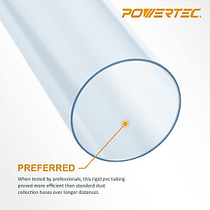 POWERTEC 70176V Clear PVC Pipe 2-1/2" x 36" Long, 1PK, Rigid Plastic Tubing for Dust Collection Hose & Fittings