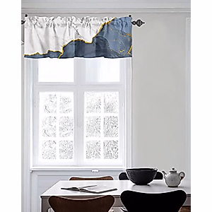 Window Curtain Valances for Kitchen Windows,Blue White Stone with Gold Stripe Rod Pocket Short Window Valance Modern Abstract Marble Agate Cafe Treatment Valance for Living Room/Bedroom,42x12in