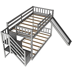 Twin Over Twin Bunk Bed with Slide and Storage Staircase, Twin Size Bunk Bed for Kids, Teens, No Box Spring Needed (Gray, Twin Over Twin)
