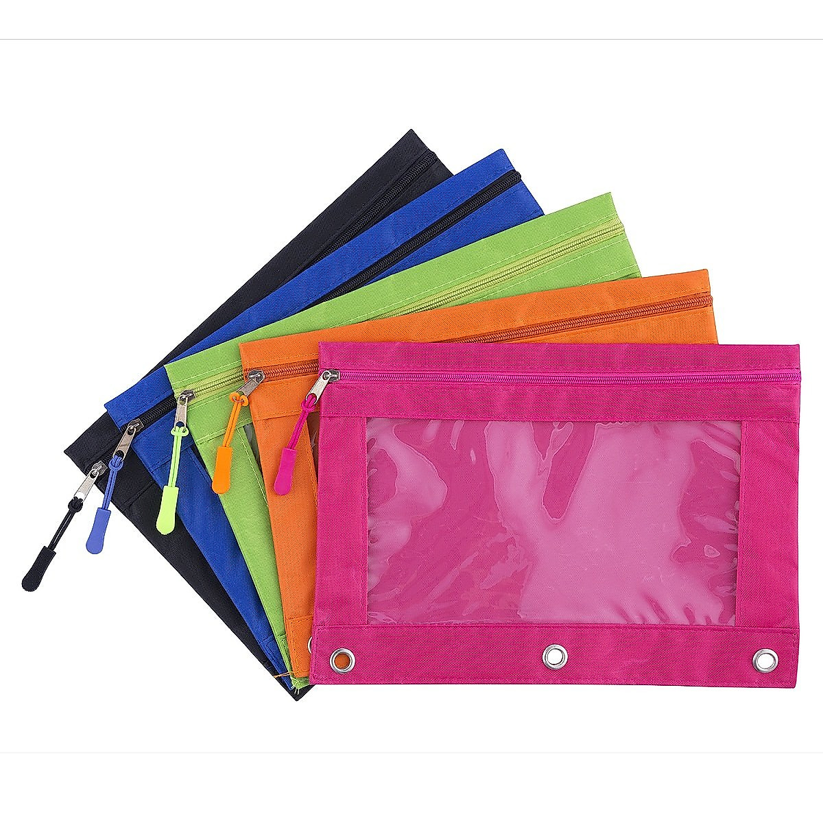 Binder Pencil Pouch with Zipper Pulls, Pencil Case with Rivet Enforced 3 Ring, Multicolored 5 Pack