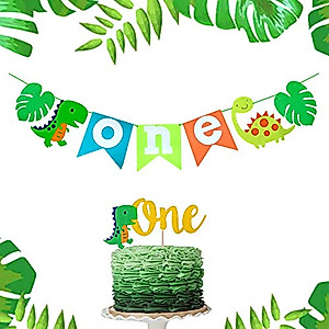 LaVenty Set of 2 Dinosaur First Birthday Banner Dinosaur One Cake Topper Dinosaur 1st Birthday High Chair Banner Dinosaur Birthday Party Decoration