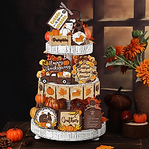 Set of 15 Fall Tiered Tray Decor Pumpkins Farmhouse Decor Autumn Maple Leaf Table Centerpieces Thanksgiving Harvest Wood Blocks Signs for Home Decor(Elegant Style)