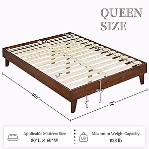 Yaheetech Queen Bed Frame Deluxe Natural Solid Pine Wood Platform Bed, Reserved Holes for DIY Headboard/Wooden Slats Support/7.5″ Clearance Space/No Noise/Easy Assembly, Smoked Walnut Queen Bed