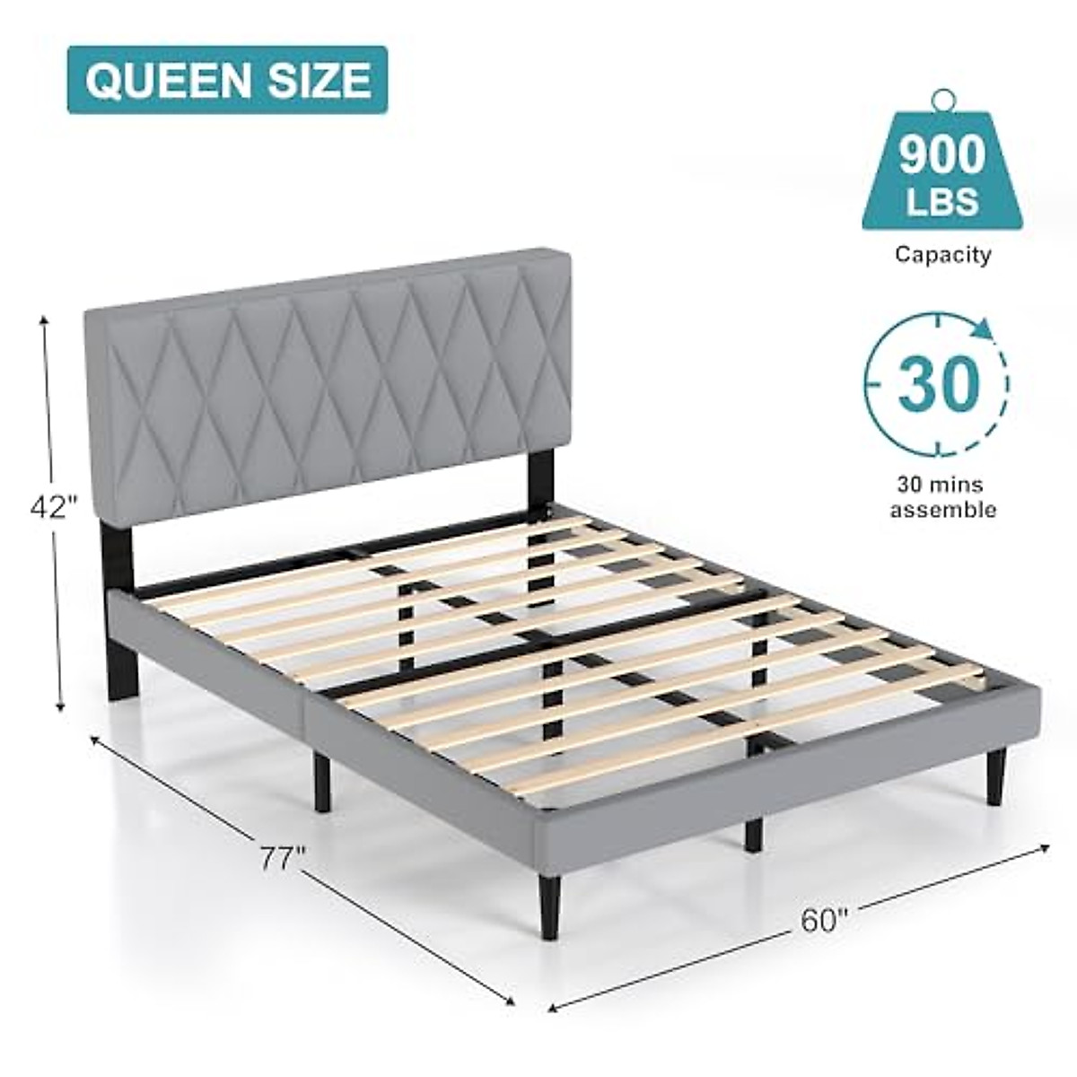 IYEE NATURE Queen Bed Upholstered Platform with Headboard and Strong Wooden Slats, Strong Weight Capacity, Non-Slip,No Box Spring Needed, Easy Assembly,Gray