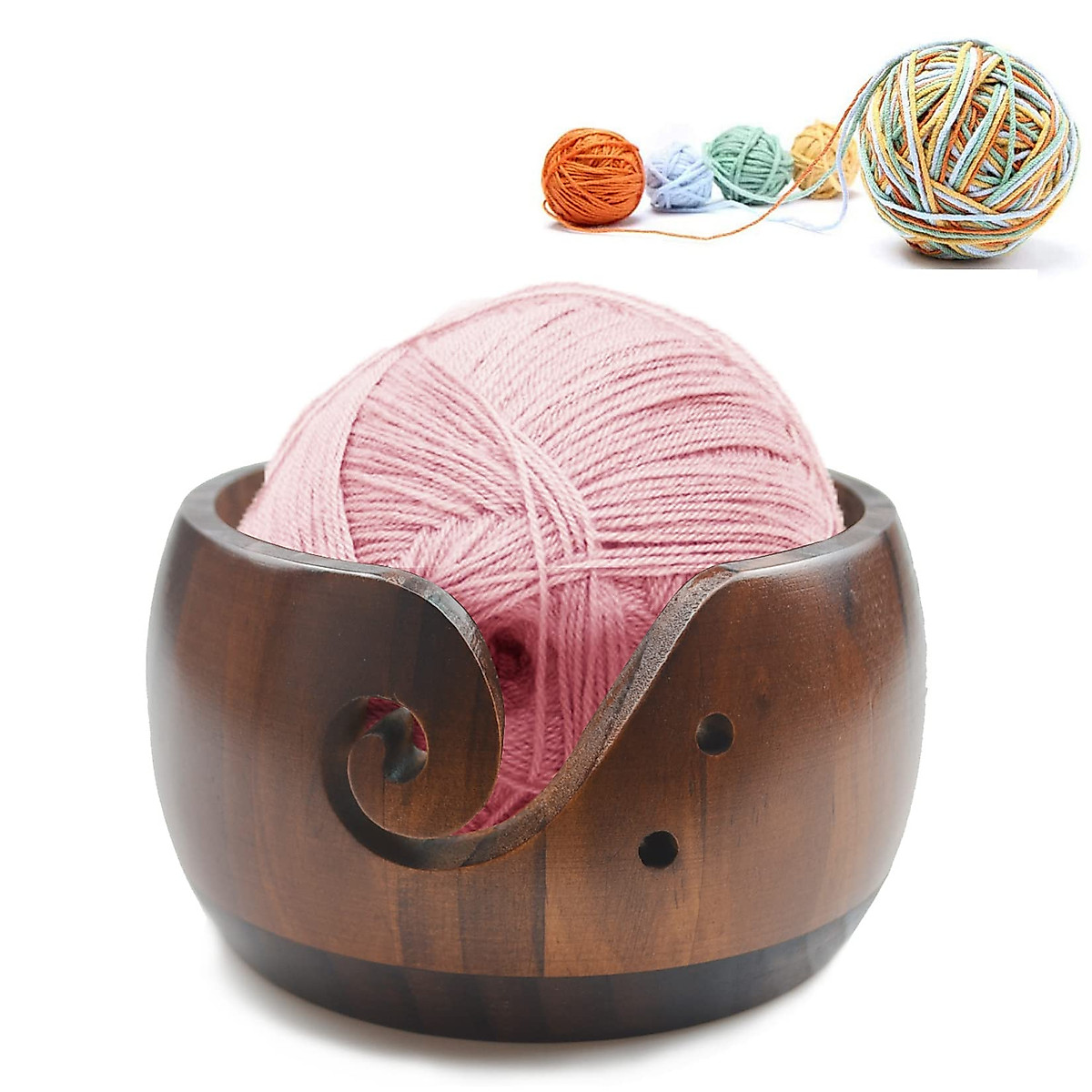 Joyeee Handmade Yarn Bowl, 6.3'' Crafted Wooden Yarn Storage Bowl with Lid Crocheting Knitting Bowl Yarn Holder Gift for Knitting Crochet Enthusiasts