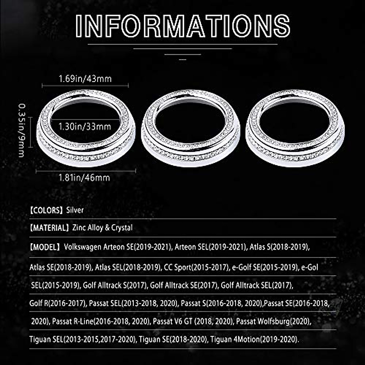 CARFIB Car Interior Bling Accessories for VW Volkswagen Arteon Atlas CC e-Golf Golf Alltrack Golf R Passat Tiguan AC Knobs Control Decals Stickers Cover Parts Men Women Zinc Alloy Crystal Silver 3Pcs