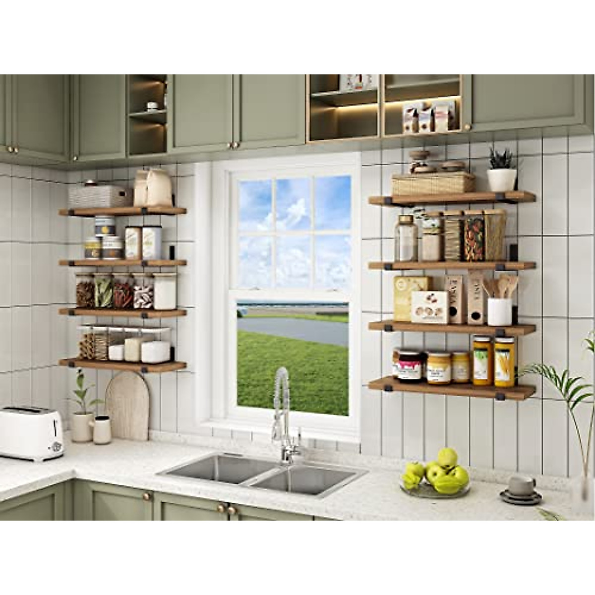 YGEOMER Floating Shelves, Set of 8, Rustic Wall Shelves, Wood Floating Shelf for Bedroom, Living Room, Book and Bathroom (Dark Carbonized Black)