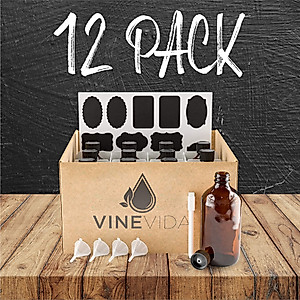 VINEVIDA 8 oz Amber Glass Bottles - 12 Pack Amber Boston Glass Bottles With Poly Cap and Accessories - Chalk Labels, Funnels - Empty Tincture Bottles for Essential Oils, Lab Chemicals, and Perfumes