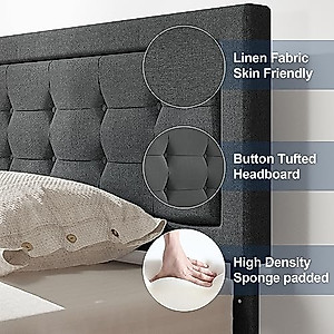 VECELO Twin Size Upholstered Bed Frame with Height Adjustable Fabric Headboard, Heavy-Duty Platform Bedframe/Mattress Foundation/Strong Wood Slat Support/No Box Spring Needed, Grey