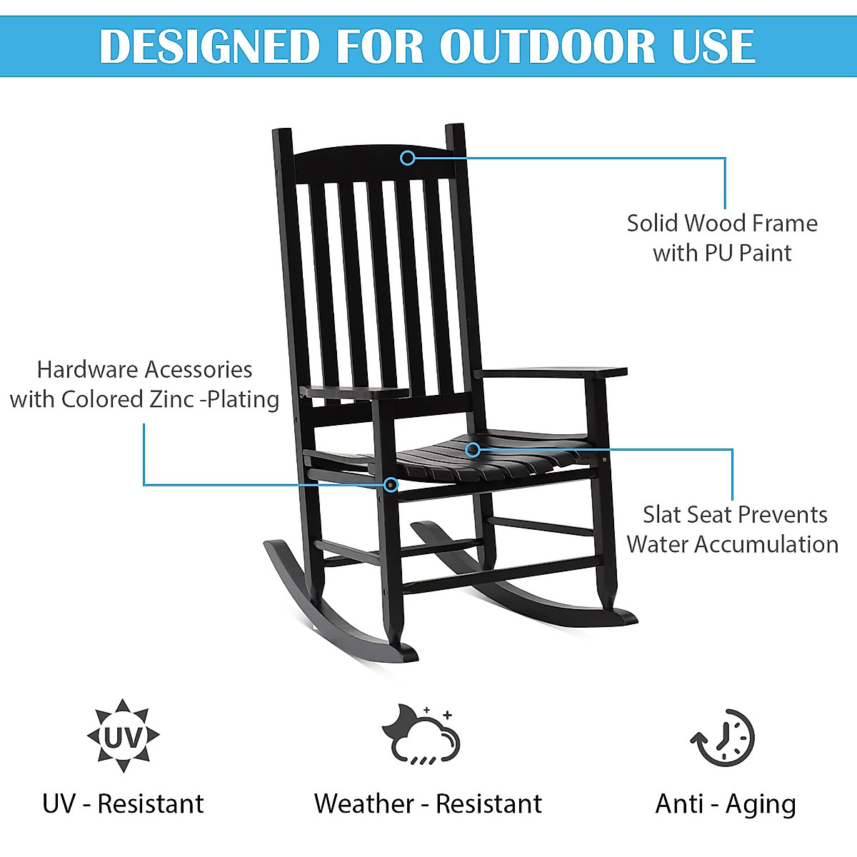 Outdoor Rocking Chairs, Wooden Rocking Chair with a Curved Seat & a High Slatted Backrest, Rocking Chairs with Wide Arms, Black Rocking Chair with Load Bearing 243 lbs for Patio Backyard Porch Garden