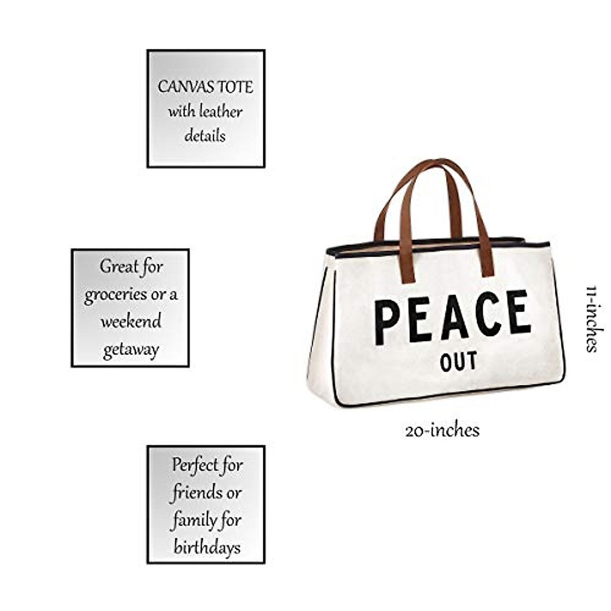 Santa Barbara Design Studio Tote Bag Hold Everything Collection Black and White 100% Cotton Canvas with Genuine Leather Handles, Large, Peace Out