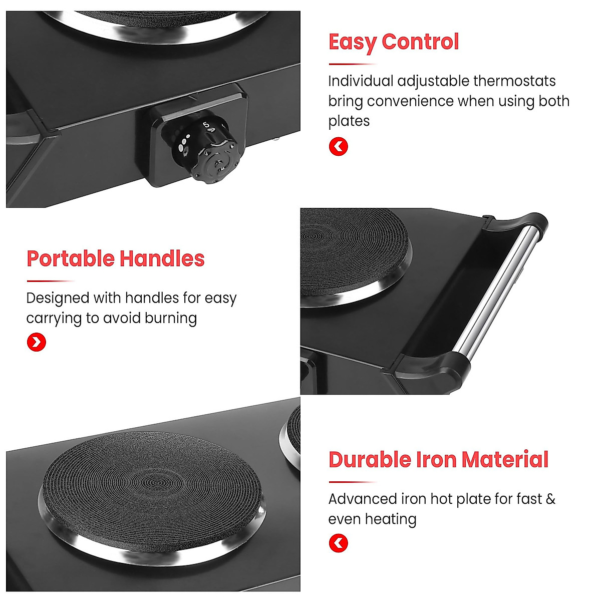 Moclever Hot Plate Portable Electric Stove Countertop Single Burner with 5 Temperature Adjustments & Stay Cool Handles, 1000W Electric Cooktop for RV/Home/Camp, Compatible for All Cookwares