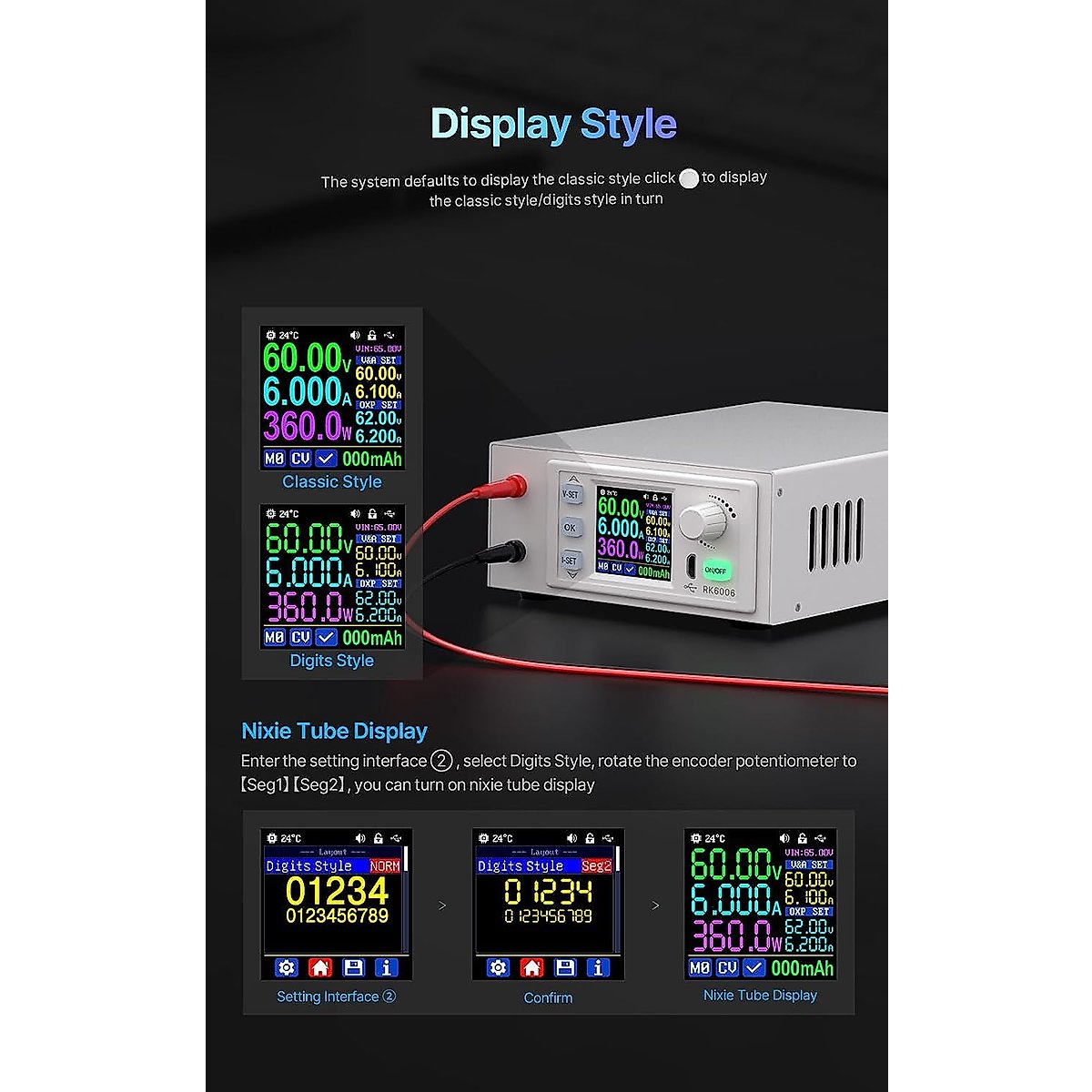 Digital Control RK6006-C 60V 6A 4 Digit Adjustable AC to DC Lab Bench Power Supply Regulator 360W