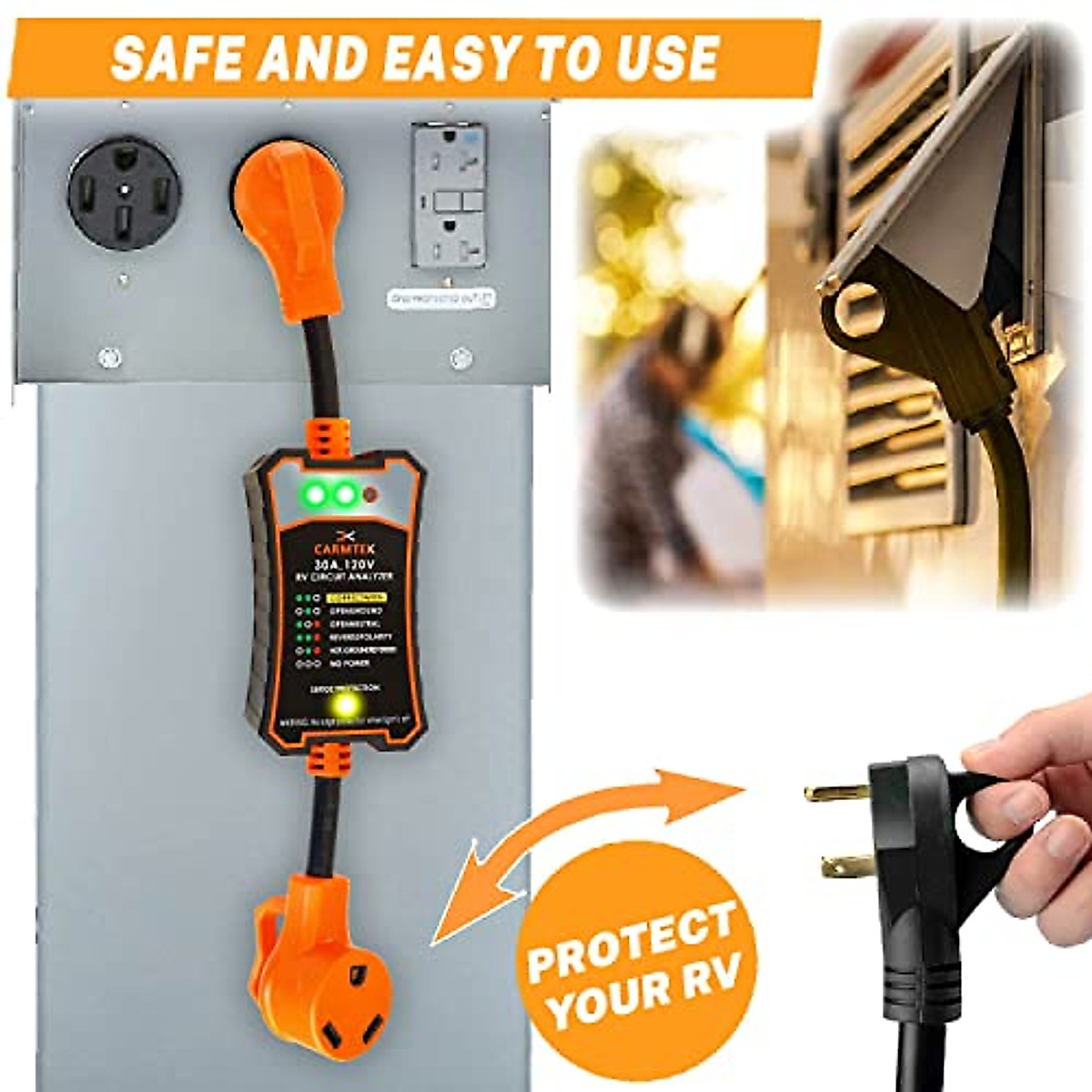 CARMTEK RV Surge Protector 30 Amp - RV Circuit Analyzer with Integrated Smart 30 Amp Surge Voltage Protection with Grip Handles