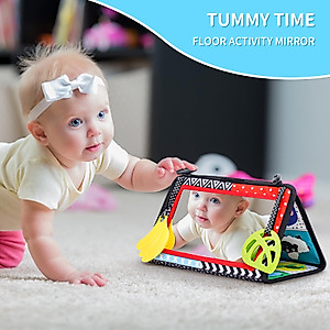 Vasdoo Tummy Time Mirror for Baby, Brain Developmental Montessori Infant Toys with Crinkle Cloth Book and Teether,High Contrast Black and White Sensory Toys for Boys and Girls 0 3 6 12 Months