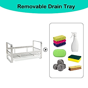 TEZZ Sponge Holder for Kitchen Sink- Stainless Steel Kitchen Storage Sink Caddy for Organizing Sponge, Brush & Dish Soap Dispenser, Kitchen Sink Organizer Rack with Adhesive or Counter top, Silver