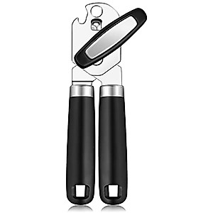 Rainspire Can Opener Manual Handheld Strong Manual Can Opener Smooth Edge Cut, Can Opener Heavy Duty, Comfortable Soft Handle, Built-in Bottle Opener, Black
