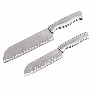 Esie Houzie Santoku Knife Set, 2 Pieces Ultra Sharp Kitchen Chef Knife 5.5-Inch 7-Inch Hollow Edge Santoku Knife, Professional Japanese Chef Knife Set for Home Kitchen, Black/Carbon Steel
