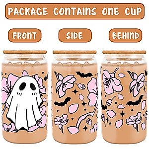 GeoJedrmin Halloween Ghost Cups - 16 oz Glass Cups with Lids and Straws, Halloween Ghost Tumblers Coffee Mugs, Halloween basket, Boo basket stuffers for her, Halloween basket for Women Teen