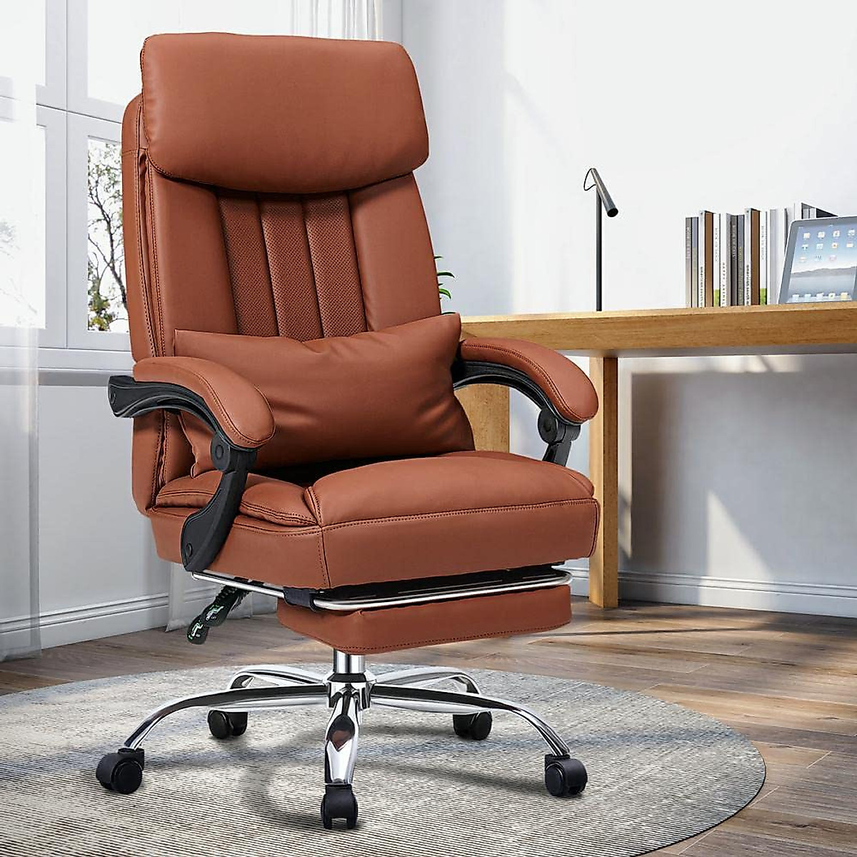 High Back Office Chair with Lumbar Support and Footrest, Leather Executive Computer Desk Chair with Padded Headrest and Armrest, Adjustable Height Tilt Angle Swivel Task Chair for Home Office (Brown)