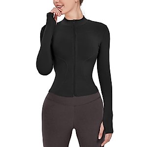 Gacaky Women's Slim Fit Lightweight Athletic Full Zip Stretchy Workout Running Track Jacket with Thumb Holes Black S