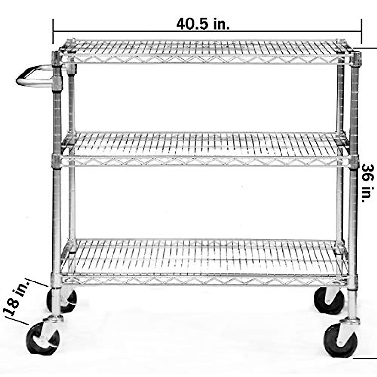 TRINITY EcoStorage Heavy Duty 3 Tier Rolling Cart for Kitchen Organization, Garage Storage, Commercial and Industrial Use, NSF Certified, 800 Pound Capacity, 40.25” by 36” by 18”, Chrome