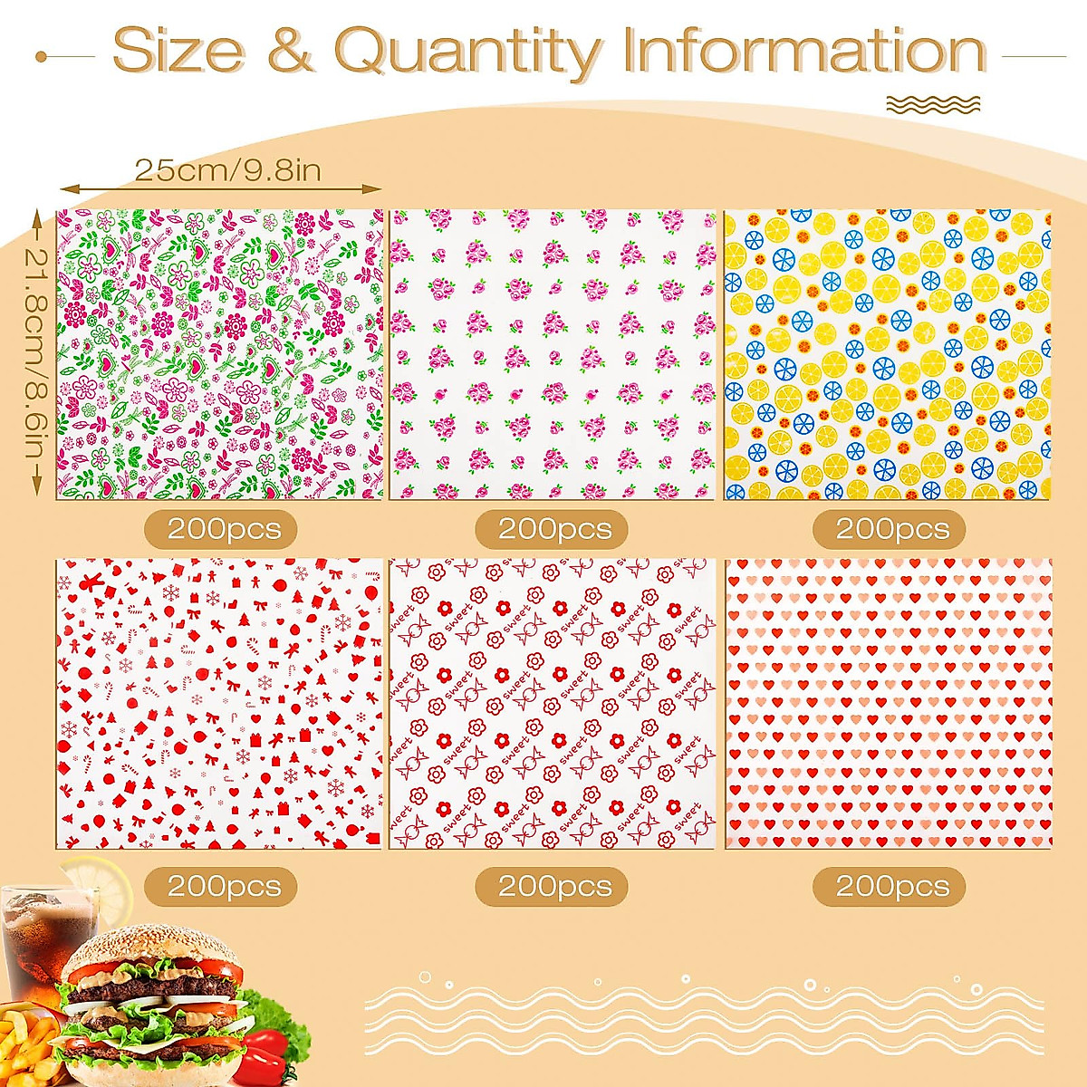 Glenmal 9.8x8.5 Inch Wax Paper Sheets Greaseproof Waterproof Dry Waxed Paper Sheets Floral Lemon Sandwich Wrap Paper Liner Burger Bread Food Basket Liners for Home Picnic Kitchen Party(600 Pcs)