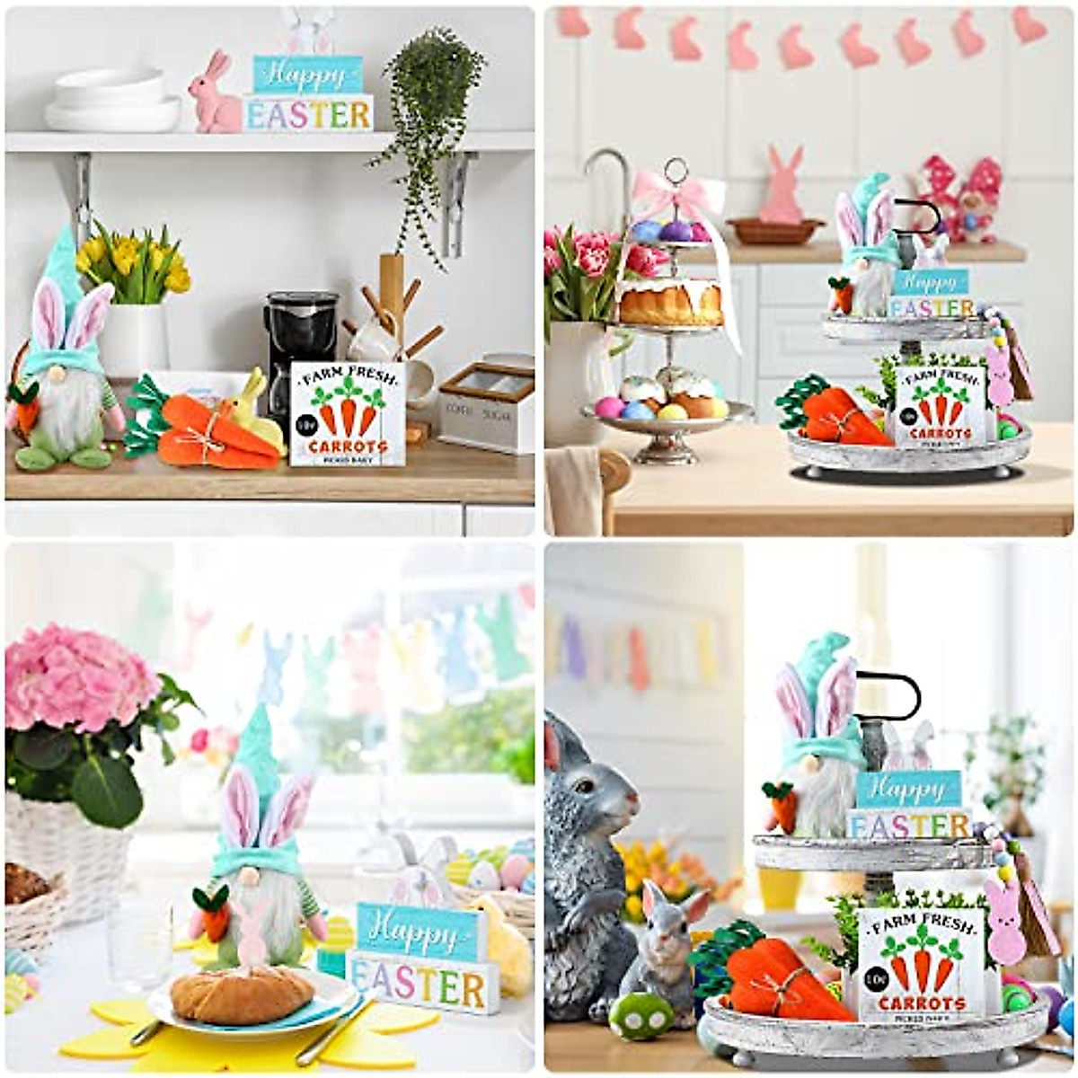 YOTNUS Easter Decorations - Easter Decor 7 PCS Tiered Tray Decor,Included Gnomes Plush, Wood Beads Garland, 2 Wooden Signs, 3 Carrots, Farmhouse Spring Table Decorations for Home(Tray Not Included)