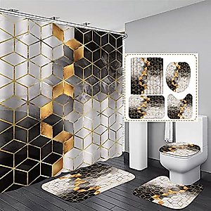LQCOOL 4Pcs Black Gradient Shower Curtain Set,Black Marbling Shower Curtain Set Golden Cubic Lines Bathroom Set Texture Modern Art Bath Accessories with Mats