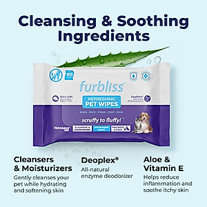 Vetnique Labs Furbliss Hygienic Pet Wipes for Dogs & Cats, Cleansing Grooming & Deodorizing Hypoallergenic Thick Wipes with All Natural Deoplex Deodorizer (Refreshing Scent, 100ct Pouch)