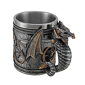 Zeckos Steampunk Geared Dragon Stainless Steel Lined Silvered Tankard