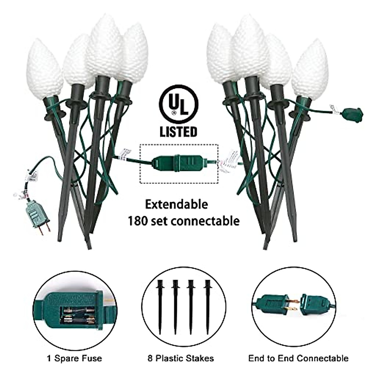 C9 Christmas LED Pinecone Pathway Stakes Lights, 2 Pack 7Ft Connectable String Lights with 8 Pinecone Driveway Markers Lights, Xmas Decorations Pathway Lights for Outdoor Garden Patio Walkway