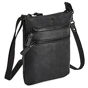 Cochoa Small Triple Zip Real Leather Women's Crossbody- Premium Vintage Crossover Shoulder Sling Bag (8" x 7" x 1.5", Black Crazy Horse)