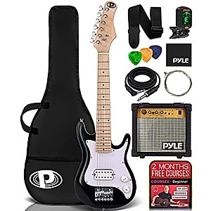 Pyle Kids Electric Guitar Starter Kit with Amplifier, 30” Mini Instrument w/ 10W Amp & Complete Accessories, PEGKT30 Black