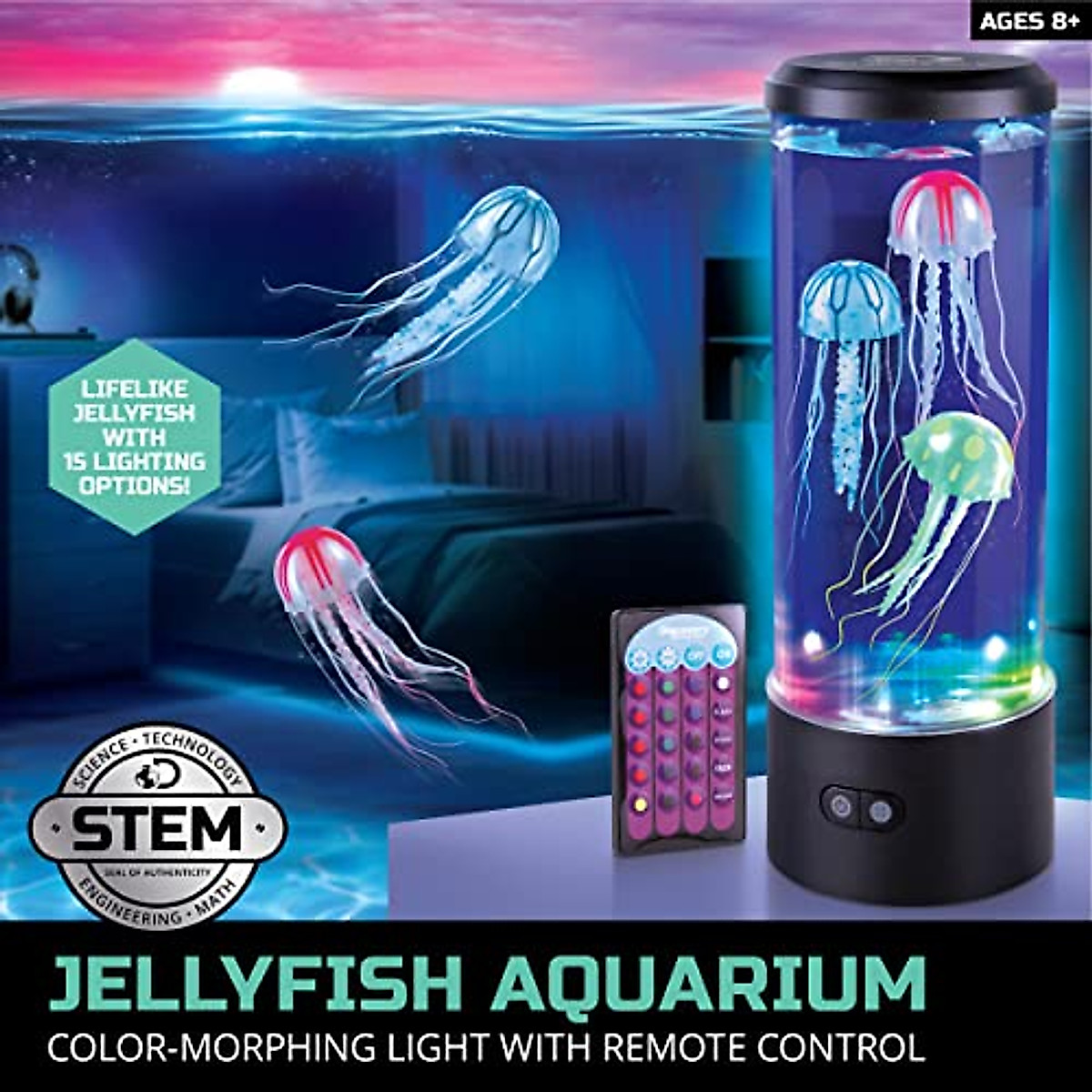 Discovery #Mindblown Jellyfish Aquarium Color-Morphing Lamp with 15 Light Options and Remote Control, Educational Biology Themed Bedroom Light for Kids & Adults Ages 8 and Up