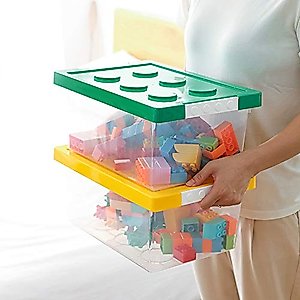 LUCKY-GO Toy Storage Organizer Bins with Lid - Stackable Plastic Organizer Box Set of 2, Kids Toy Chests with Compatible Building Baseplate and Lid, Storage Container for Building Bricks & Toys
