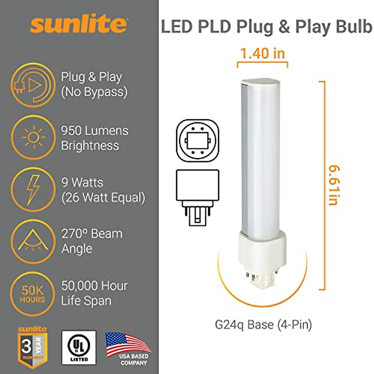 Sunlite 88271-SU LED Horizontal PLD Light Bulb 9 Watts (26W Equivalent), 1050 Lumens, G24q Base 4 Pin, Ballast Dependant, CFL Replacement, UL Listed, 1 Pack, 30K - Warm White