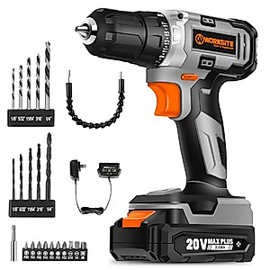 WORKSITE Cordless Drill/Driver Kit, 20V MAX 3/8" Compact Drill Set with 2.0A Battery, Charger, 309 In-lbs Max Torque, 24pcs Accessories for Drilling Wood Metal