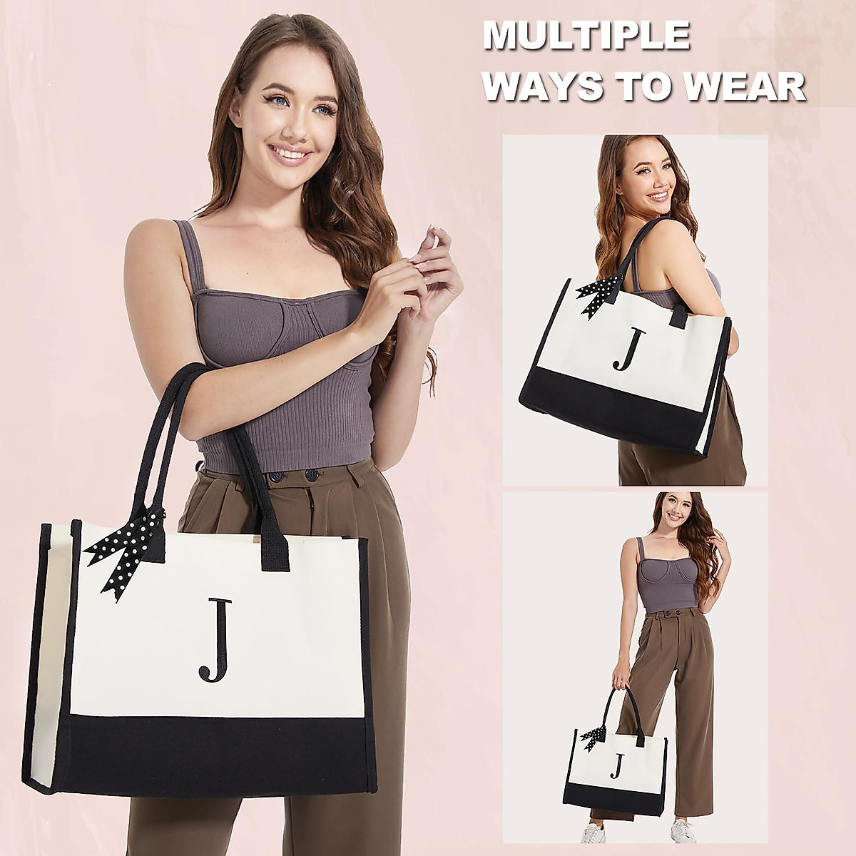 BeeGreen Initial Canvas Tote Bag with Makeup Bag Monogram Tote Bags for Women w Removable Bottom Personalized Gifts for Friends Birthday Teacher Mother Hostess Wedding Bridesmaid Letter M