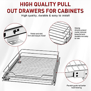 Tksrn Pull Out Cabinet Organizer, Heavy Duty Slide Out Pantry Shelves Sliding Drawer Storage for Kitchen, Bathroom, Home, 12.4" W x 16.5" D, Wire Frame, Chrome Finish