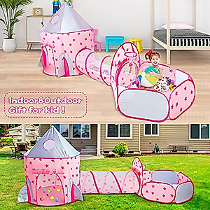wilwolfer 3PC Princess Tent for Girls with Kids Play Tents, Crawl Tunnel and Baby Ball Pit for Toddlers, Pink Pop Up Playhouse Toys for Boys Indoor& Outdoor Games, Birthday Kid’s Gifts