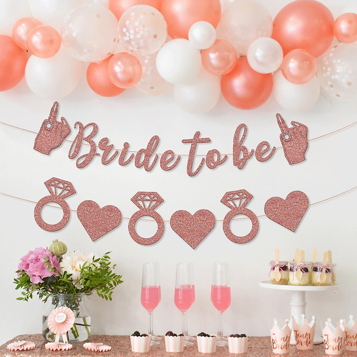 Gifloon Pre-Strung Bride to Be Banner with Ring Finger, Glitter Bride to Be Sign for Bridal Shower Bachelorette Party Decorations, Funny Bridal Shower Banner, Rose Gold