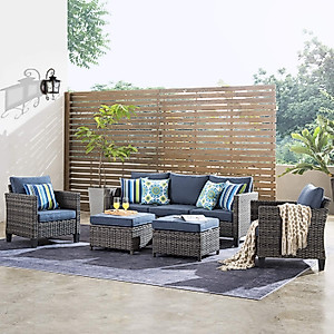 ovios Outdoor Furniture 5 Pieces Patio Furniture Set Sectional Conversation Set All Weather Wicker Rattan Sofa Couch for Yard Deck Porch, Grey Wicker, Denim Blue Cushion